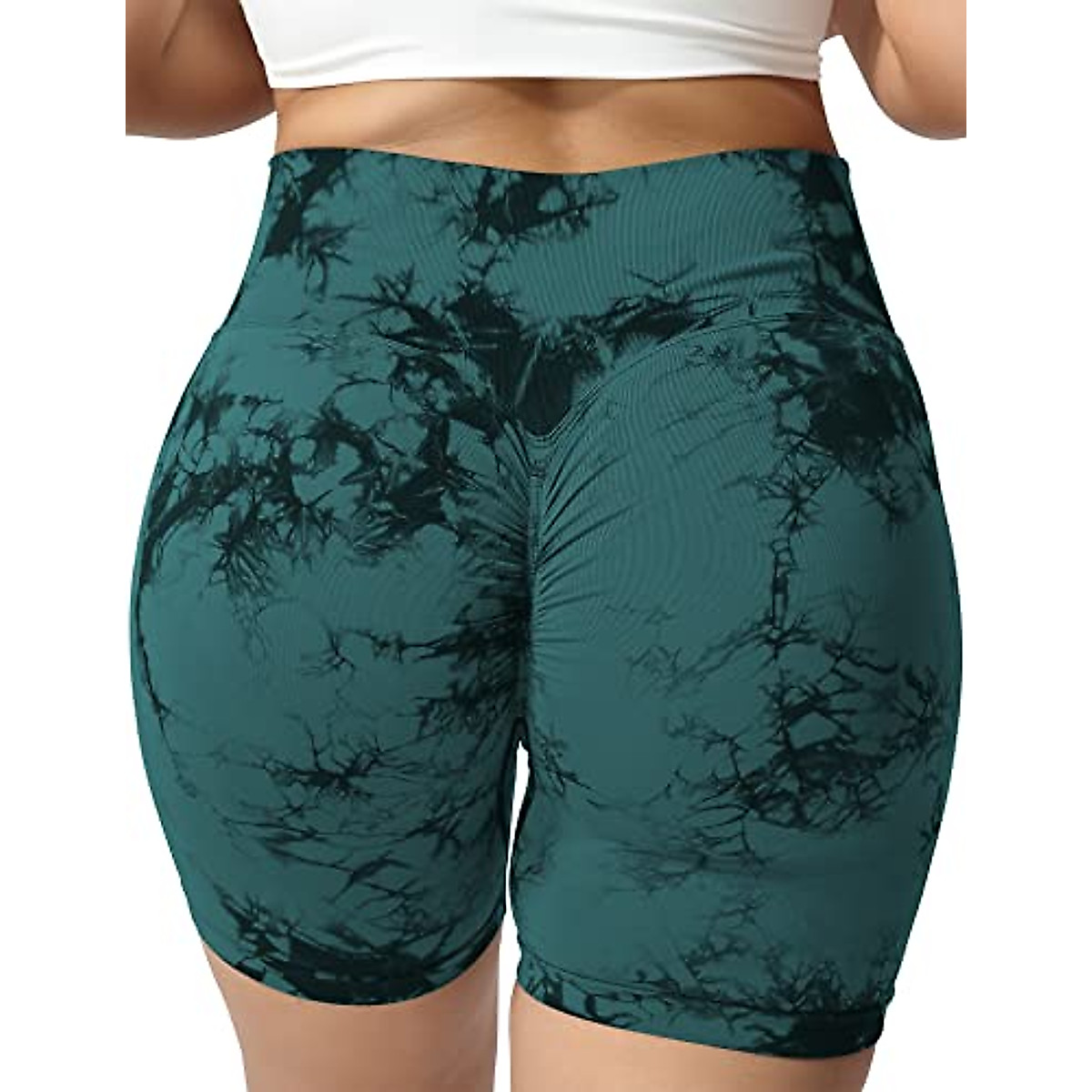 VOYJOY High Waist Seamless Shorts Scrunch Butt Yoga Shorts Contour Gym Shorts Blue Green M