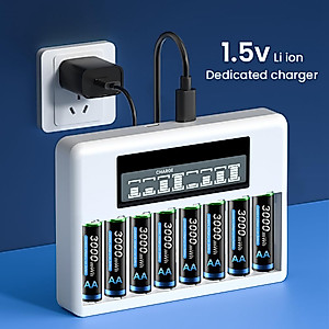 CITYORK 8 Pack Rechargeable AA Lithium Batteries with 8 Bay Charger, 8 Pack 1.5 V Rechargeable AA 3000mWh Lithium Battery with 8 Bay LCD Fast Battery Charger