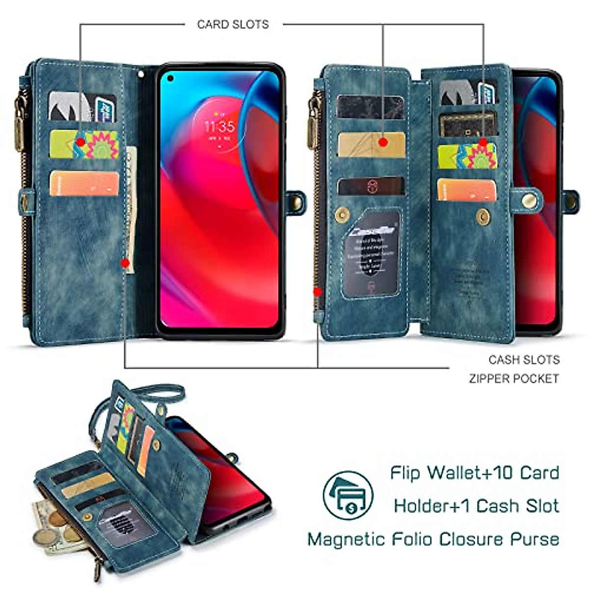 Defencase Moto G Stylus 5G Case (2021), Moto G Stylus 5G Case Wallet for Women Men, Durable PU Leather Magnetic Flip Strap Zipper Card Holder Phone Case for Motorola Moto G Stylus 5G, Blue-Green