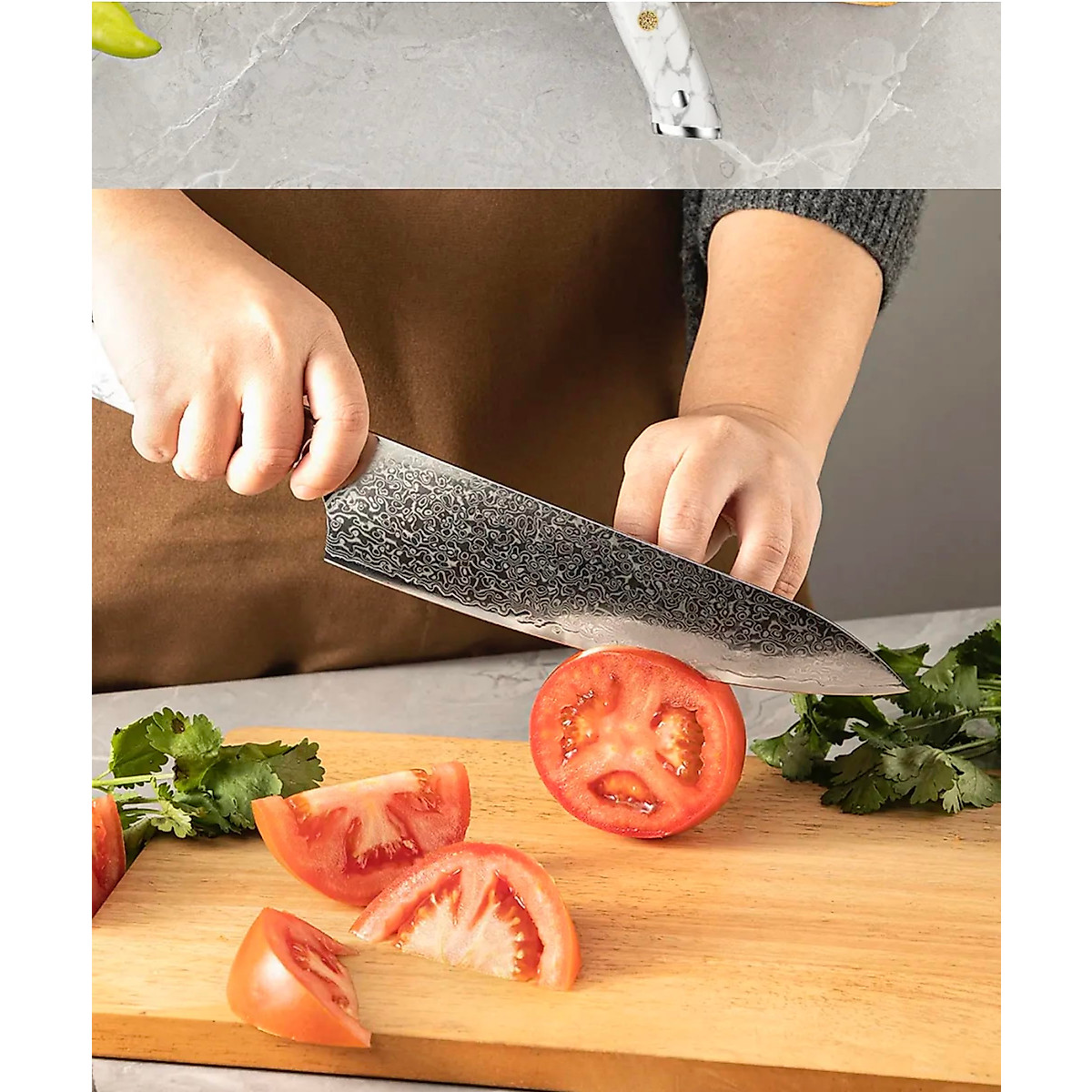 8-Inch Japanese Style Chef Knife – VG-10 Damascus Steel Blade, Ultra-Sharp High-Carbon Core, Ergonomic White Turquoise Resin Handle, Professional Luxury Kitchen Knife for Home Chefs, Includes Gift Box