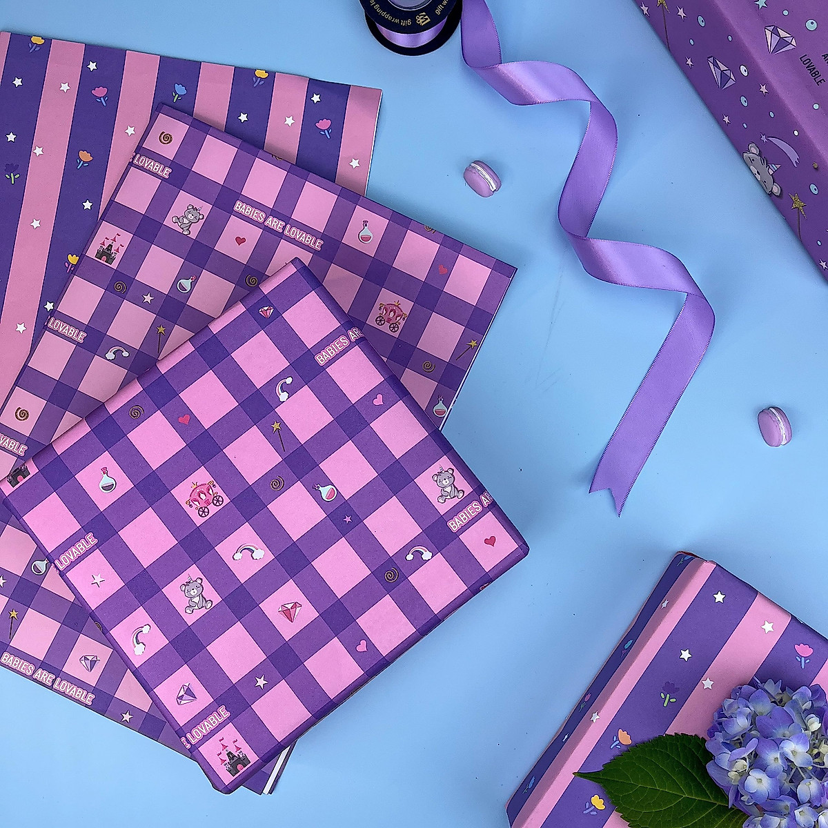 Dtiafu Baby Wrapping Paper - 10 Sheets Purple Pink Gift Wrap Paper for Baby Girl Neutral Birthday Baby Shower - Bear/Diamond, Rainbow/Floral Print - 20 x 28inch Per Sheet (Kraft)