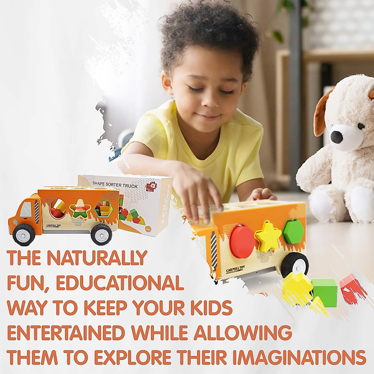 Leo & Friends Shape Sorting Dump Truck - Toddlers Educational Shape Sorter Car - 9 Different Wooden Shape Sorter Toy for Kids - Wooden Vehicle Toys - Perfect Birthdays Holidays and Christmas Gifts