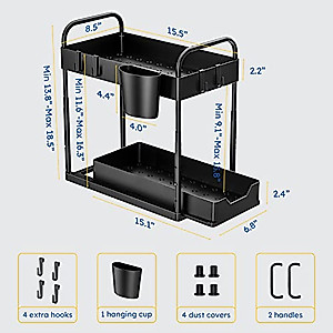 KPHALTH Under Sink Organizer Adjustable Height Under Sink Organizers and Storage 2-Tier Under Cabinet Storage Bathroom Organizer Sliding Drawer with Hooks Hanging Cup Kitchen Storage (Black-2 Pack)