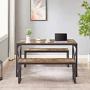 VECELO Kitchen Table with 2 Benches for 6,Wood Dining Room Dinette Sets with Metal Frame for Breakfast Nook and Small Space, 55", Brown