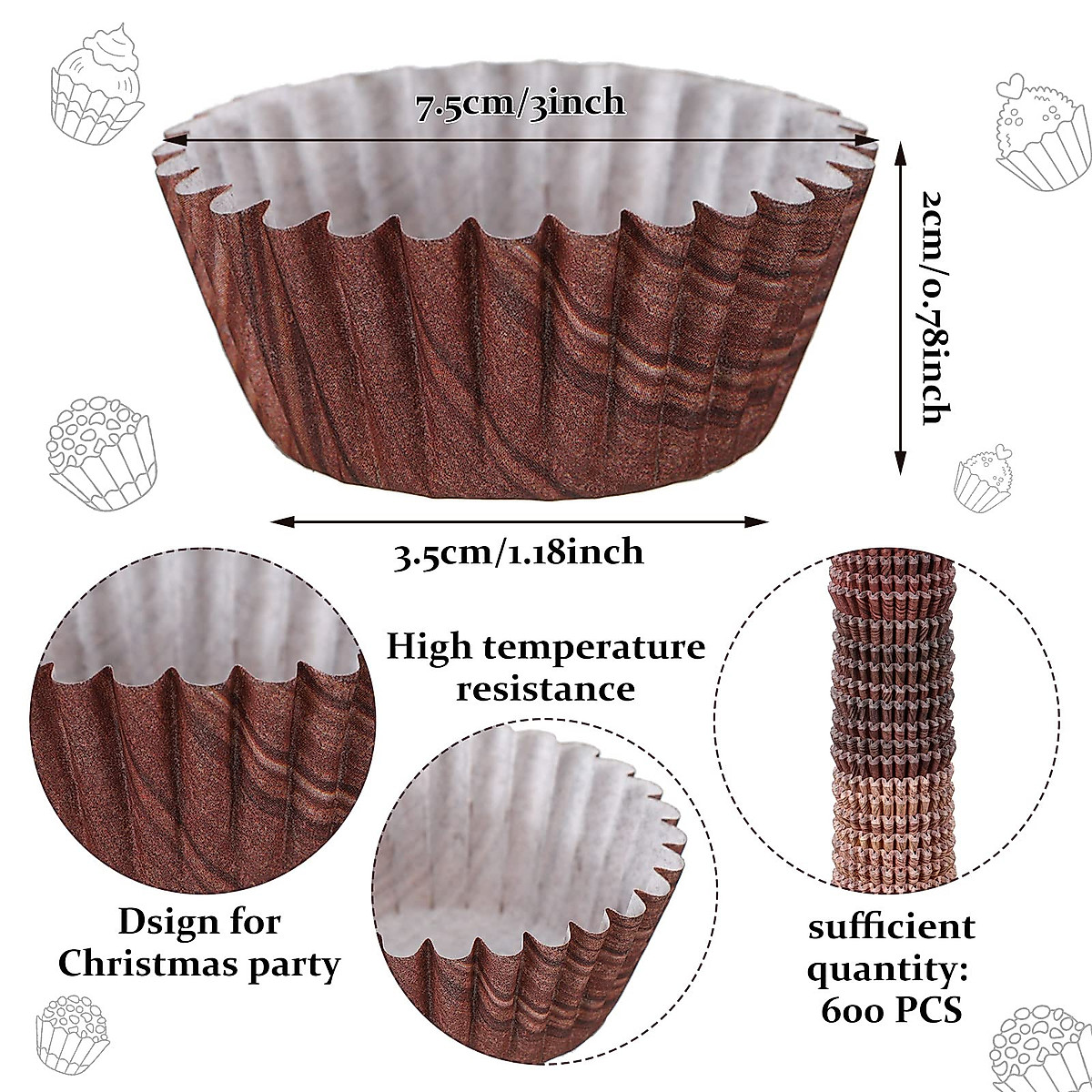 600 Counts Woodgrain Candy Cups Mini Cupcake Liner Cupcake Wood Grain Wrappers Woodland Animal Cupcake Baking Paper Muffin Baking Liners Holders for Baby Shower Weddings Birthday Party Decor, 3 Styles