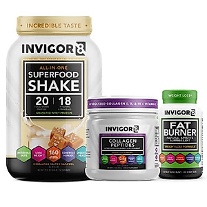INVIGOR8 Superfood Shake (Salted Caramel) Whey Protein Shake + Collagen Peptides + Fatburner Bundle
