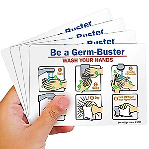 SmartSign “Be A Germ-Buster - Wash Your Hands" Hand Washing Label | 3.5" x 5" Laminated Vinyl Sticker, Pack of 4