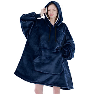 PAVILIA Blanket Hoodie for Women Navy, Sherpa Wearable Blanket Men, Cozy Oversized Sweatshirt Blanket, Warm Fleece Hooded Blanket Sweater with Sleeves and Giant Pocket, Navy Blue