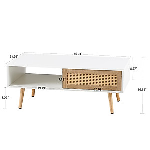 YOUGUO Boho Coffee Table for Living Room, 41.3" Rattan Coffee Table with Sliding Doors & Open Storage Shelf, Mid-Century Center Table for Small Space, White