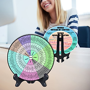2Pcs Feelings Wheel Office Desk Decor, Double-Sided Wood Emotion Wheel with Black Base, Things Inside/Outside My Control Room Home Table Decoration Gift for Office Women Men