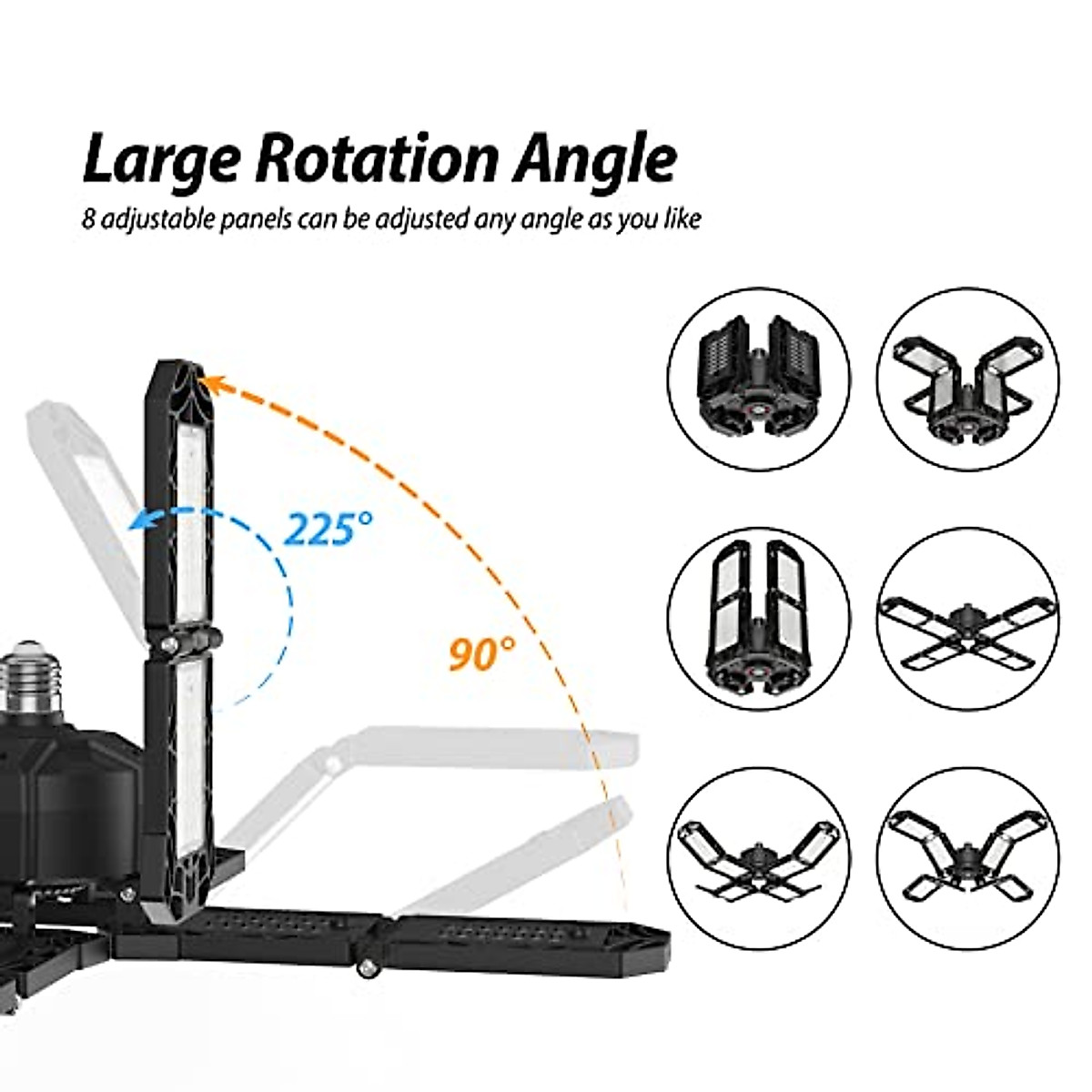 Flohans Garage Light, 150W Deformable Garage LED Light with 8 Adjustable Panels, 15000LM 6500K E26/27 Super Bright Garage Light Bulb, Garage Ceiling Lights for Workshop Attic Barn…