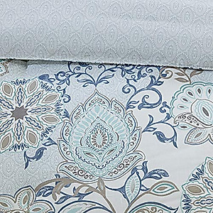 Madison Park Reversible Cotton Comforter Season Set, Matching Bed Skirt, Decorative Pillows, King(104"x92"), Isla, Floral Medallion Blue 8 Piece