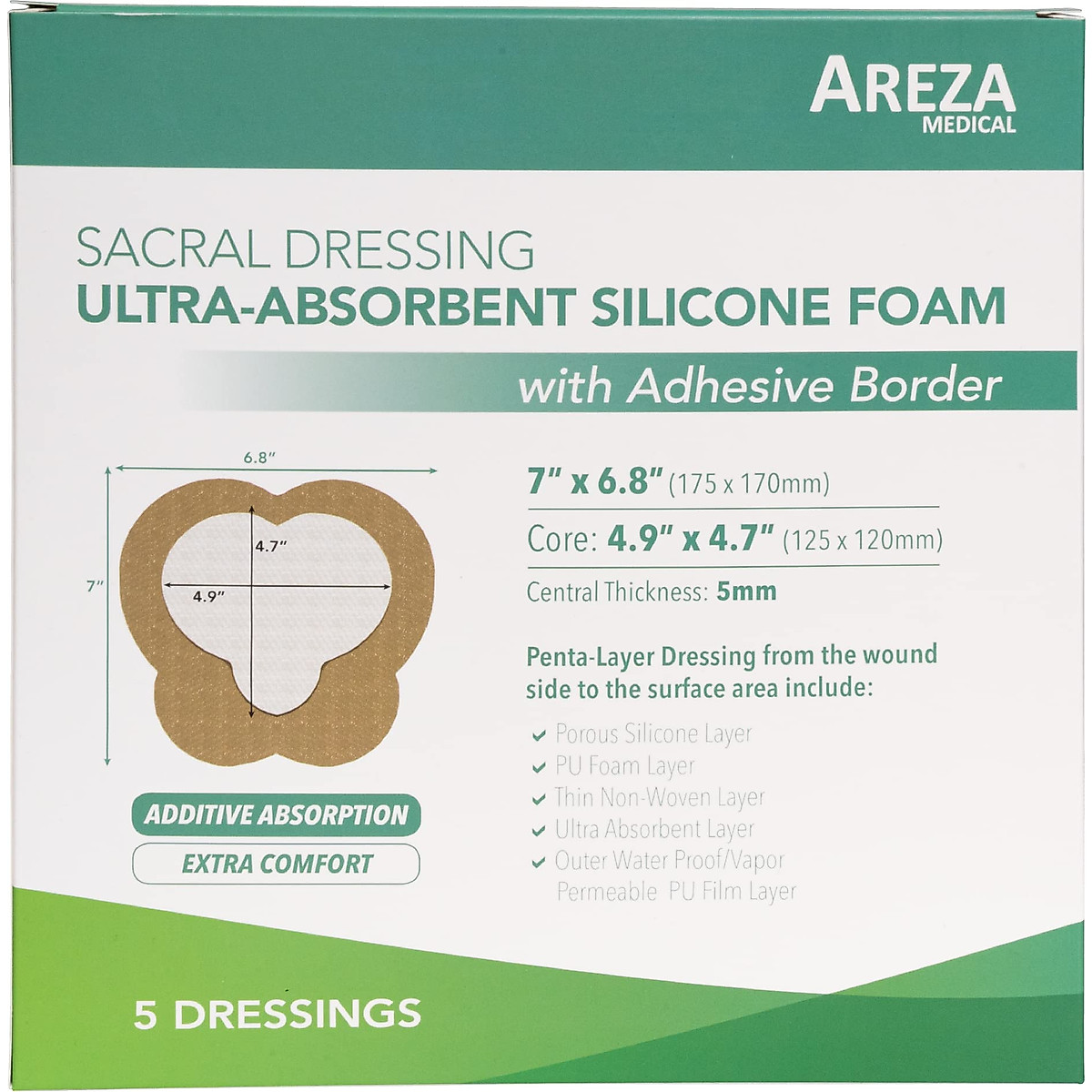 Areza Medical - Ultra-Absorbent Silicone Foam Wound Dressing - Waterproof - with Adhesive Border - sterile - designed for Sacral Wounds - 7" X 6.8" - 5 PCS Per Box