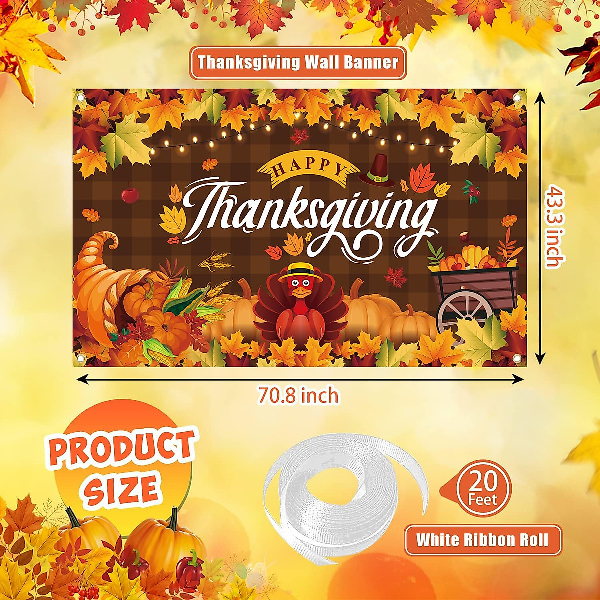 XtraLarge Happy Thanksgiving Banner 72x44 Inch, Happy Thanksgiving Backdrop, Thanksgiving Decorations Banner, Thanksgiving Pumpkin Maple Turkey Wall Banner