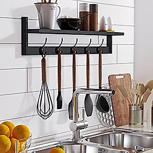 BAMEOS Wall Hooks with Shelf 28.9 Inch Length Entryway Wall Hanging Shelf Wood Coat Hooks for Wall with Shelf Wall-Mounted Coat Hook Rack with 5 Dual Hooks for Bathroom, Living Room, Bedroom (Black)