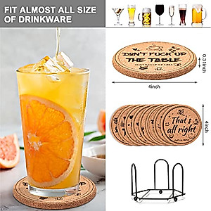Cork Coasters for Drinks Absorbent with Holder, Drink Coasters, Cute/Funny Set of 8 Large Round Outdoor Cup Coasters for Wooden Table Protection, Coffee Trivet, Cups and Mugs - Cool Drink Coaster Gift