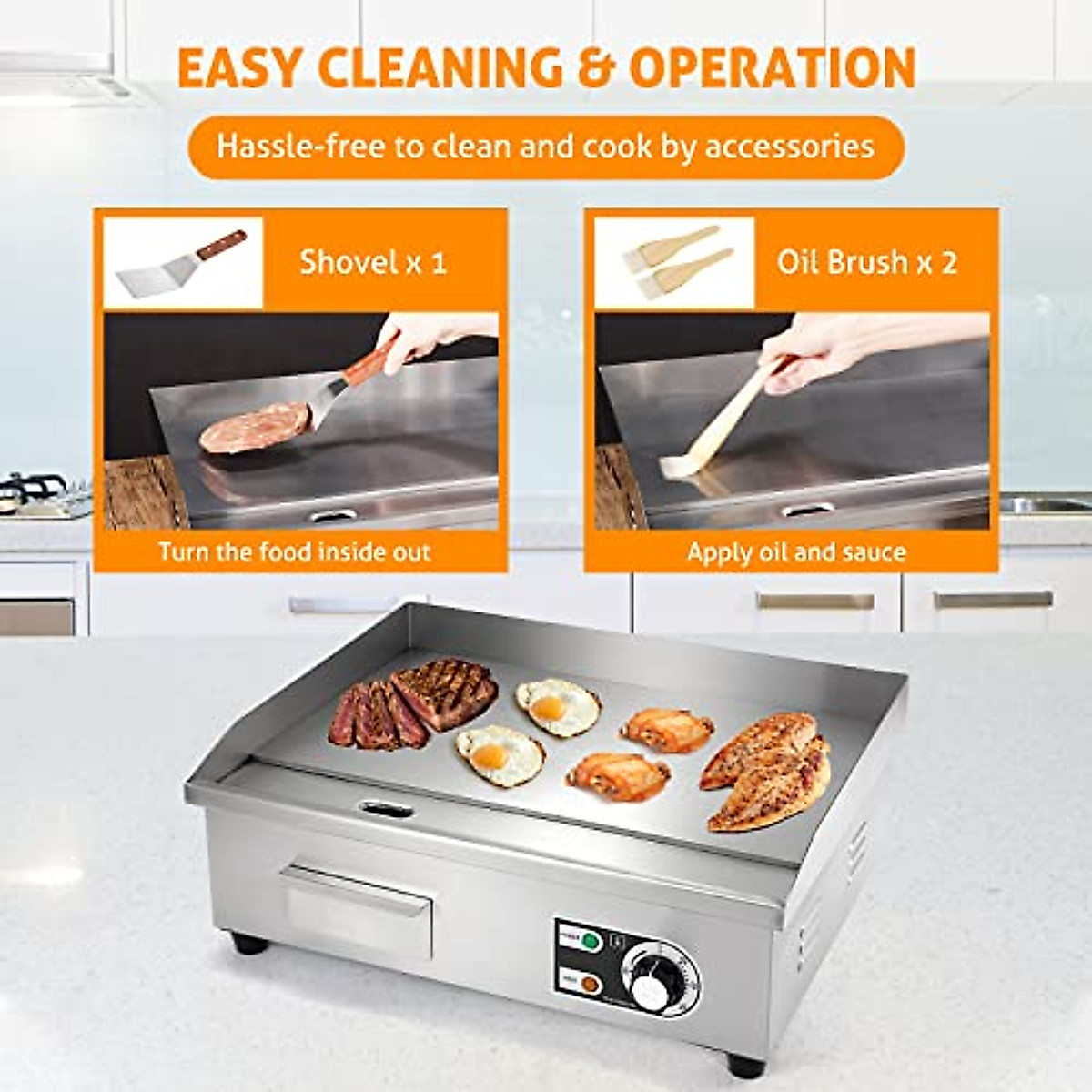 WICHEMI 22" Electric Griddle Grill Commercial Countertop Griddle Flat Top Grill Hot Plate Non-Stick Stainless Steel Teppanyaki Grill for Restaurant Kitchen, 110V 3000W