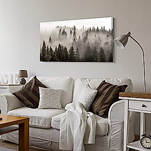 SunFlax Foggy Forest Canvas Wall Art: Mountain Landscape Picture Nature Misty Pine Trees Artwork Large Black and White Painting Print for Modern Living Room Bedroom Office