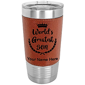 LaserGram 20oz Vacuum Insulated Tumbler Mug, World's Greatest Son, Personalized Engraving Included (Faux Leather, Basketball Style)