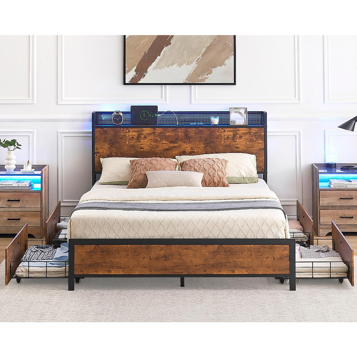 IDEALHOUSE Full Size Bed Frame with Storage Drawers and Charging Station, LED Light Full Bed Frame with Storage Headboard, Metal Platform Bed with Strong Wood Slats Support, No Box Spring Needed
