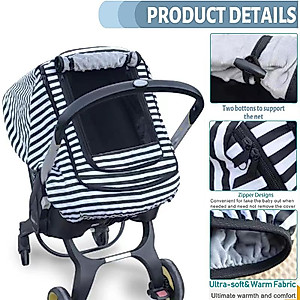 Car Seat Covers for Babies,Baby Car Seat Cover for Boys Girls,Windproof Infant Carseat Cover,Kick-Proof Car Seat Canopy with Breathable Mesh Peep Window(Black Stripe)