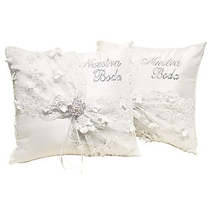 Set of 2 White Wedding Kneeling Pillows, Embroidered Nuestra Boda Kneeling Pillows, Satin and Lace Kneeling Pillows, White/Silver