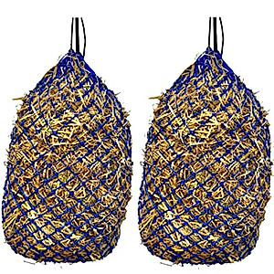 Majestic Ally 2 Pcs 1.25”x1.25” Holes Ultra Slow Feed 36” Very Sturdy Hay Net with Bottom Ring for Horses, Goat, Travel Feeder for Trailer and Stall, Reduces Waste (Royal Blue)