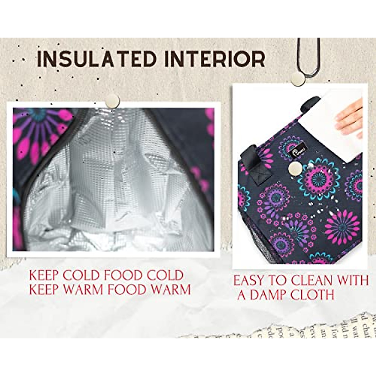 Pursetti Insulated Lunch Bag for Women-Reusable Large Lunch Tote Bag with Water Bottle Holder & Leak-Proof Lining for Work or Travel-Carry by Hand, On the Shoulder or Crossbody (Purple Circle)