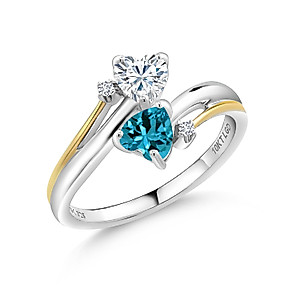 925 Silver and 10K Yellow Gold Moissanite by Charles & Colvard and London Blue Topaz with Lab Grown Diamond Women 2 Heart Engagement Mother Ring (1.07 Cttw, Available in Size 5,6,7,8,9)