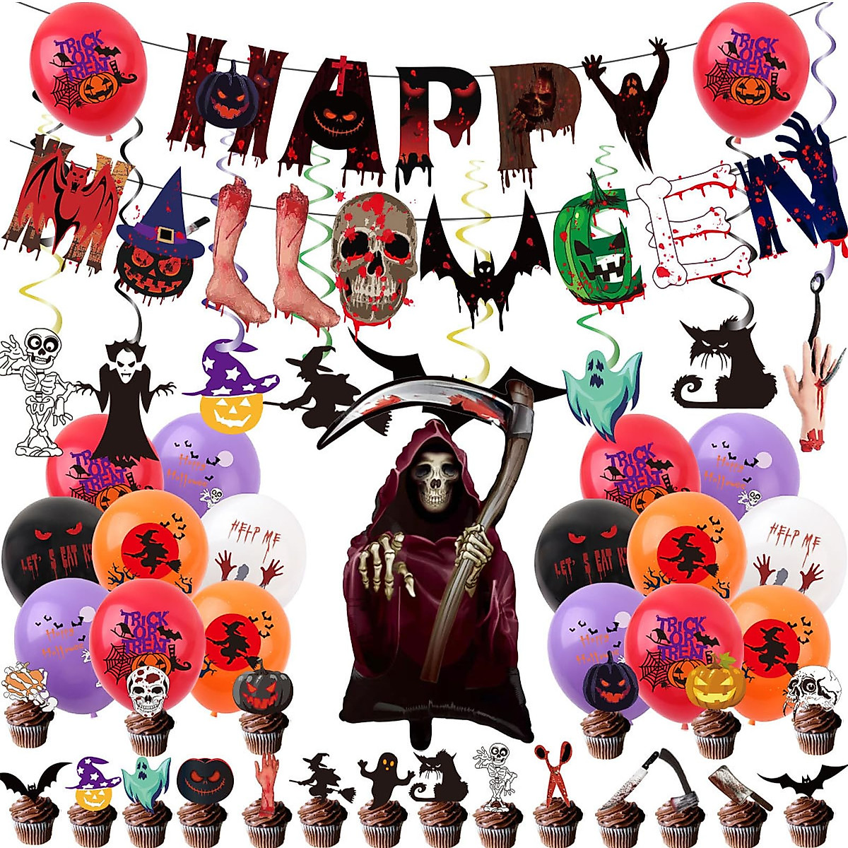 56Pcs Halloween Balloons Party Decorations Horror Hanging Banner Streamers Paper Cake Toppers Skull Balloon Swirls Decorations for Indoor Halloween Birthday Party Supplies