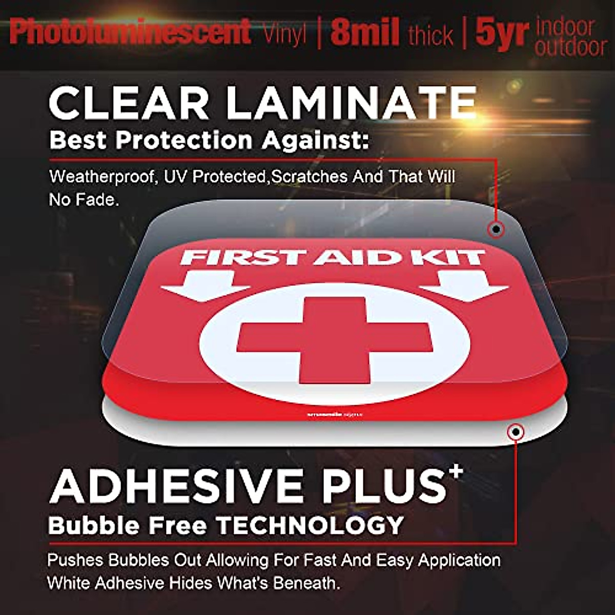 First Aid Kit Sign Glow in The Dark 4 Pack 6"x 6"First Aid Kit Inside Signs Stickers Photoluminescent, Glows for Up to 8 Hours