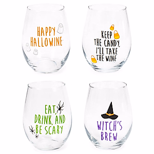 Transpac Witch's Brew Happy Hallowine 18 ounce Glass Stemless Wine Glasses Set of 4, Multicolor