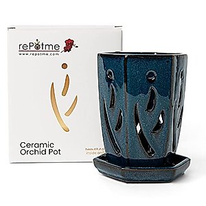 rePotme) 4 x 6 inch Hexagon Ceramic Orchid Pot with Matching Saucer (Teal Jade)