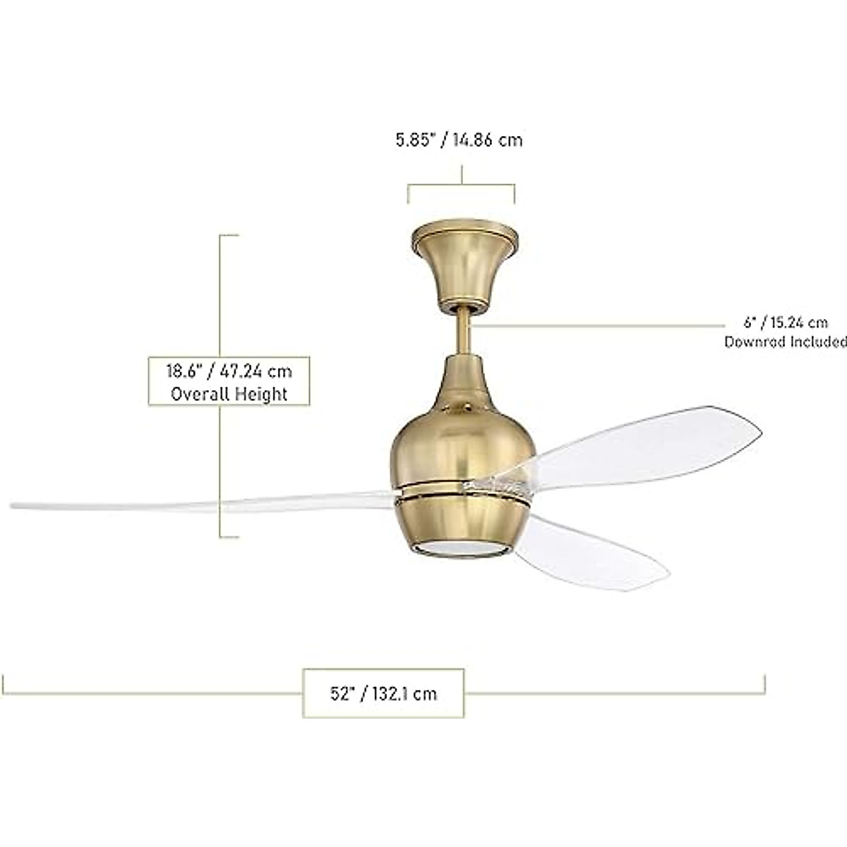 Craftmade BRD52SB3 Bordeaux Downrod/Semi-Flush Mount Heavy-Duty 52" Ceiling Fan with LED Light and Wall Control, 3 Clear Acrylic Blades, Satin Brass