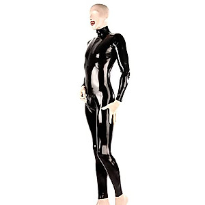 Sexy Black Latex Catsuit with Front Zip and Crotch Zip Rubber Jumpsuit Handmade Imitation Uniform Bodysuit W/o Hood,Black,Women-S