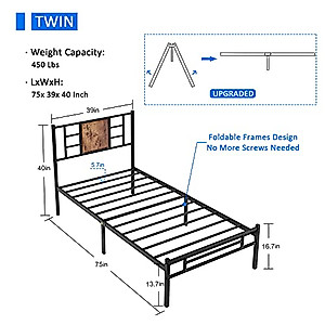 VECELO Twin Platform Bed Frames with Headboard, Heavy-Duty Mattress Foundation with Steel Slats Support, No Box Spring Needed/Easy Assembly, Black