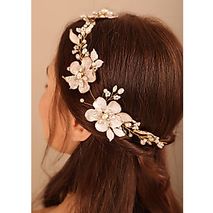 Kercisbeauty Wedding Bridal Gold Headband Women and Girls Flower Hair Piece for Special Occasion Photo Shoot Hair Vine Jewelry