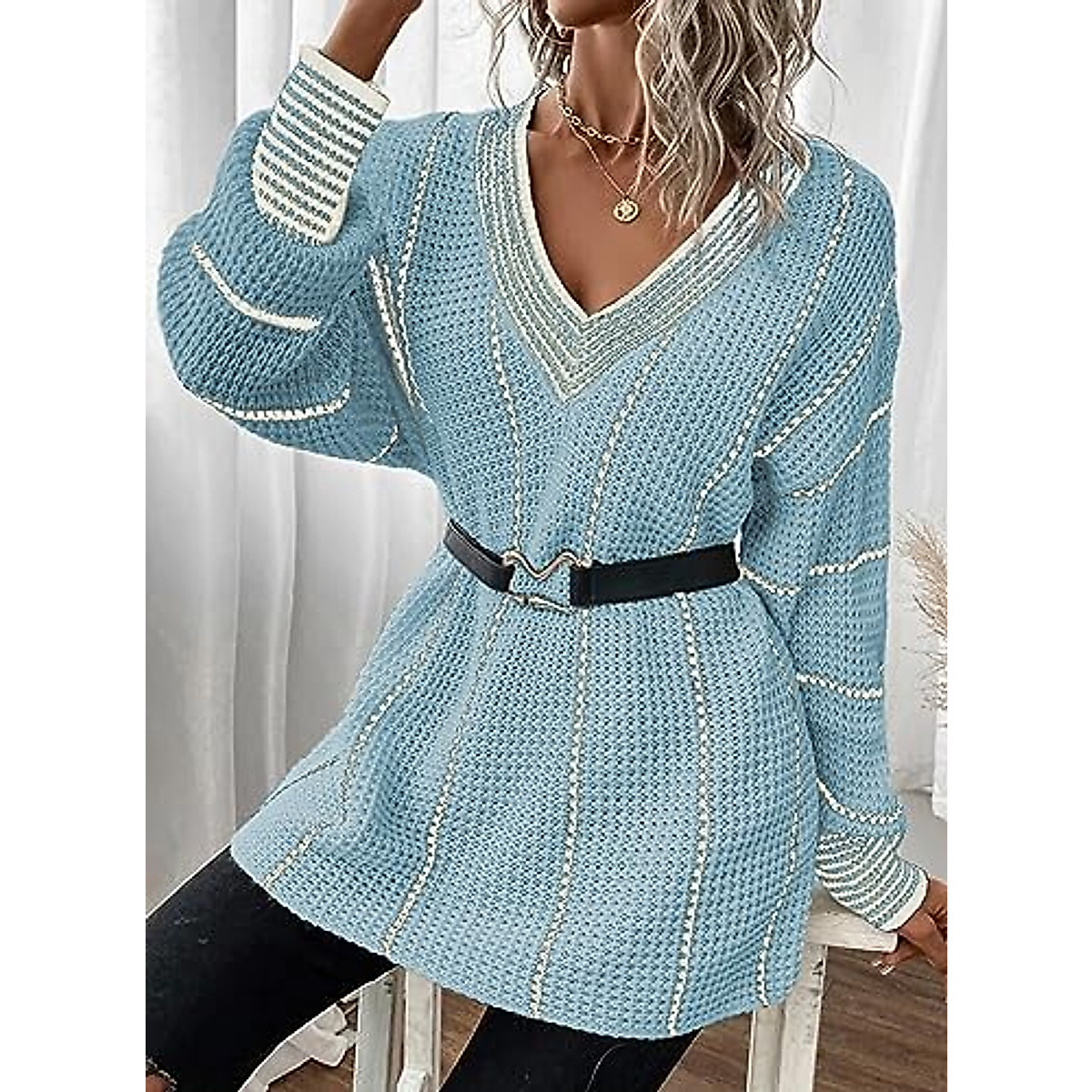 Dokotoo Womens Winter Sweaters 2023 Striped Long Jumper Tops Fashion Color Block V Neck Oversized Sweaters for Women Sky Blue Small