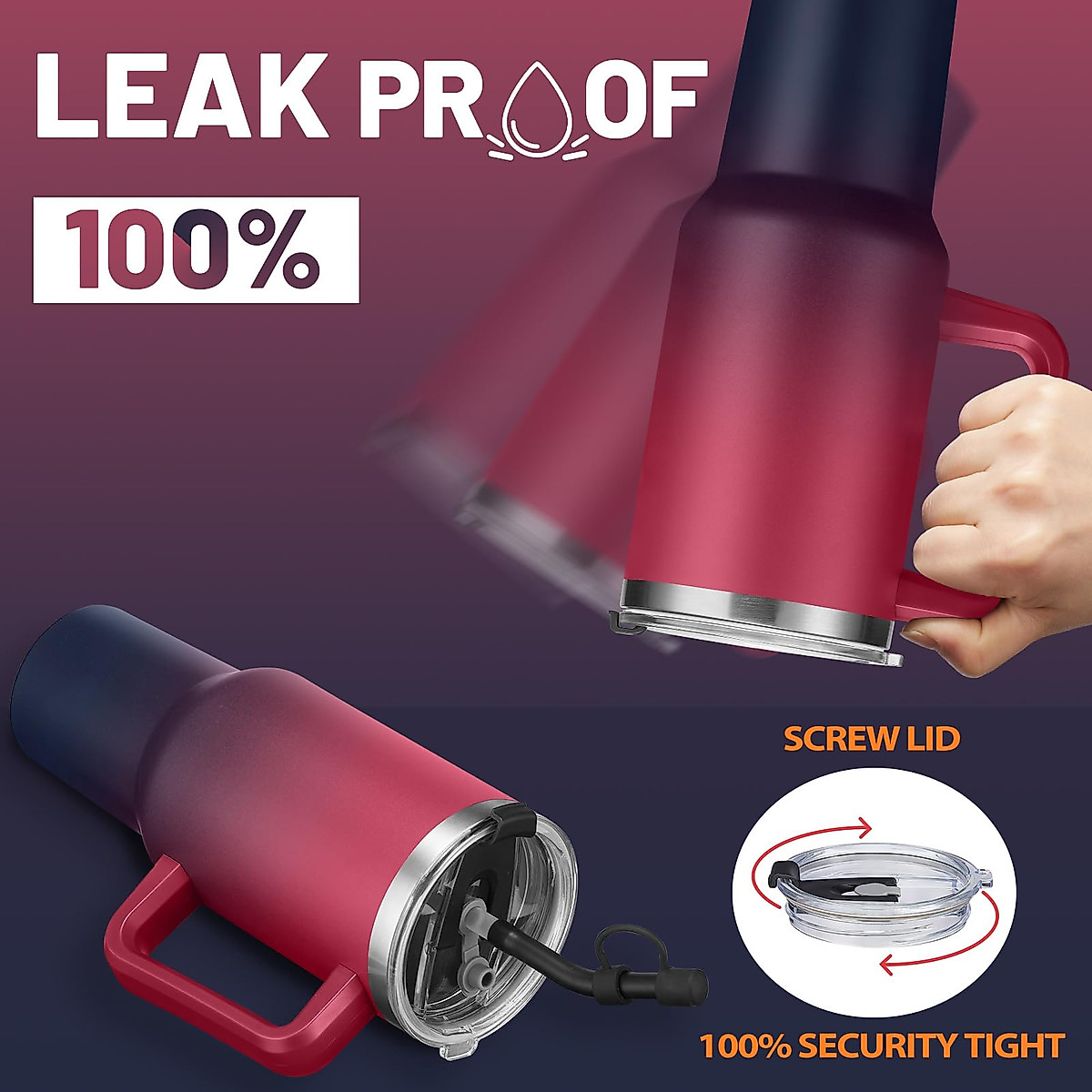 40 oz Insulated Tumbler with Handle and Straw Spout Lid - 100% Leak-proof Travel Coffee Cup, BPA Free Spill Proof Metal Mug, Vacuum Water Bottle- (Cold-34H & Hot-10H), Straw Cover, Silicone Boot