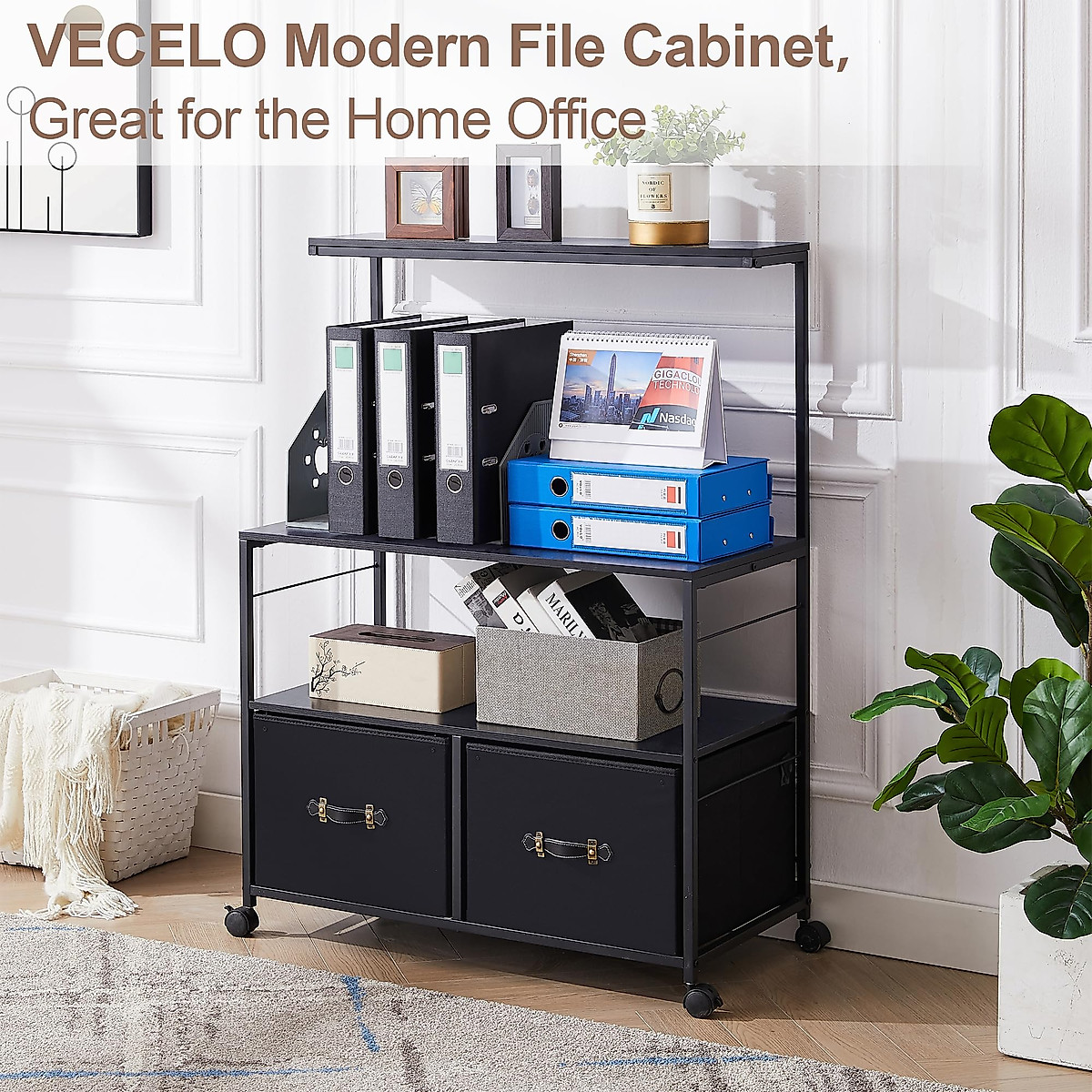 VECELO Fabric Lateral Filing Cabinet with 3 Open Storge Shelves Movable Printer Stand with 2 Large, Home Office, Suitable for A4 Or Letter Size,Black, 2 Drawer