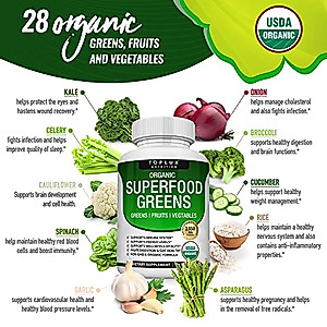 Organic Super Greens Capsules Superfood Fruit Veggie Supplement - 28 Powerful Natural Ingredients with Alfalfa, Beet Root, Tart Cherry & Ginger for Immune & Energy Support, for Men Women, 60 Tablets
