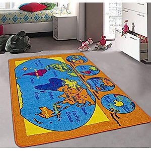 Champion Rugs Kids/Baby Room/Classroom/Playroom Educational Area Rug World Map Globe Continents Oceans Hemispheres Compass Area Rug Mat for Dining Dorm Room Bedroom Home Decorative Bright Colorful