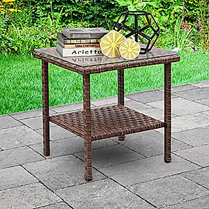 Valita Outdoor PE Wicker Side Table Glass Top Garden Poolside Small Patio Rattan Furniture Square End Table, Brown