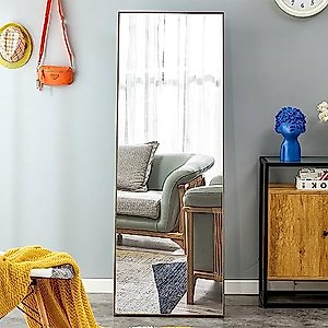 WIIS' IDEA Full Length Floor Mirror, Full Body Standing Mirror, Alu Free Dressing Mirror Standing, Hanging or Leaning Against Wall Mirror for Bedroom, Living Room (Grey, 65”x23-Wood)