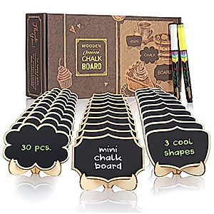 Reusable Mini Chalkboard Signs 30 Pcs in 3 Designs for Food Labels, Table Numbers, and Place Cards Display, Small Blackboards for Weddings, Buffet, and Parties with Wooden Frame and 2 Chalk Markers