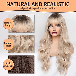ORSUNCER Blonde Wig with Bangs Long Wavy Curly Ombre Blonde Wig Natural Looking Synthetic Heat Resistant Hair Wigs for Daily Party Wig 26 Inches