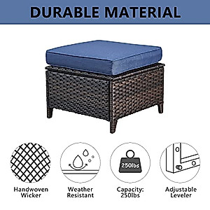 Outdoor Furniture Ottoman Set of 2 Patio Seating Footstool All-Weather Rattan Wicker Ottoman Seat with Soft Cushions for Patio Furniture Set