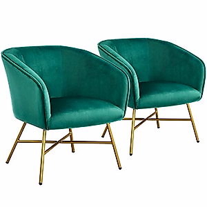 Yaheetech Vanity Chair, Modern Accent Chair, Soft Velvet Barrel Chair with Golden Metal Legs and Soft Padded, Comfy Side Chair for Living Room/Bedroom/Makeup Room/Study/Waiting Room, Green, Set of 2