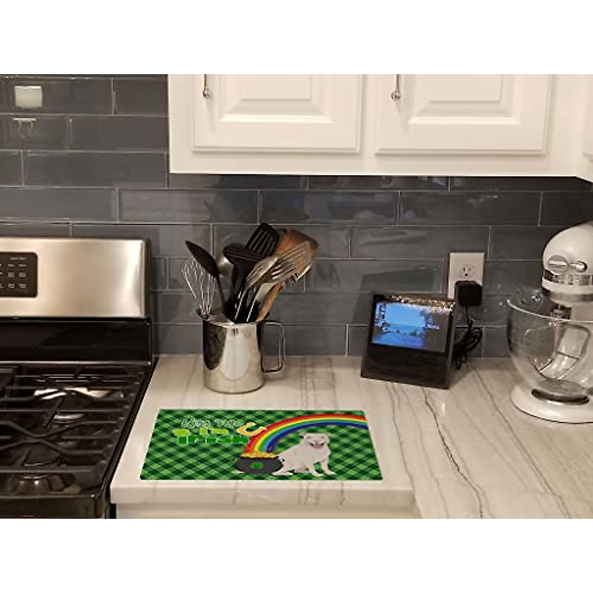 Caroline's Treasures WDK4741LCB White Pit Bull Terrier St. Patrick's Day Glass Cutting Board Large, 12H x 16W, multicolor