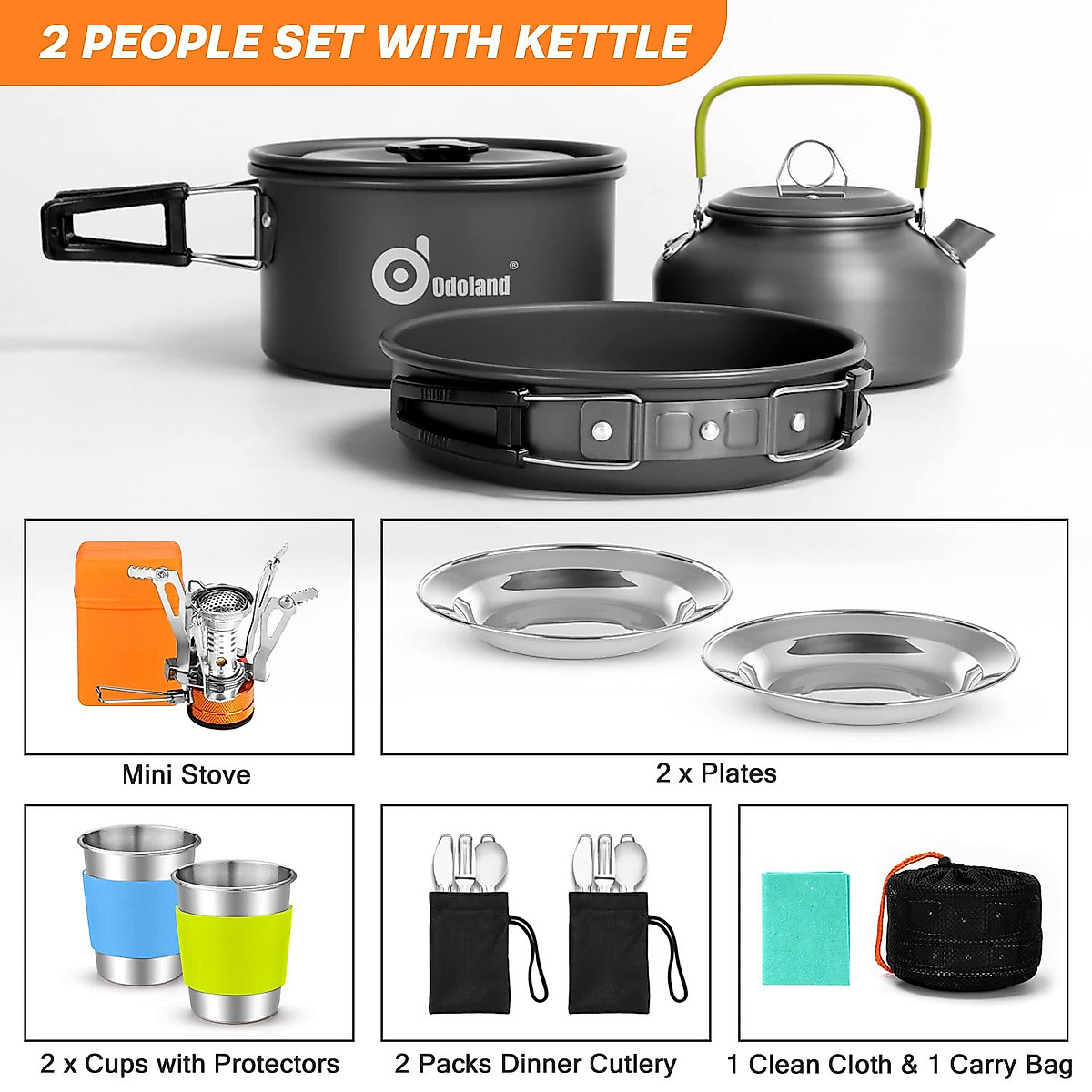 Odoland 16pcs Camping Cookware Set with Folding Camping Stove, Non-Stick Lightweight Pot Pan Kettle Set with Stainless Steel Cups Plates Forks Knives Spoons for Camping Backpacking Outdoor Picnic